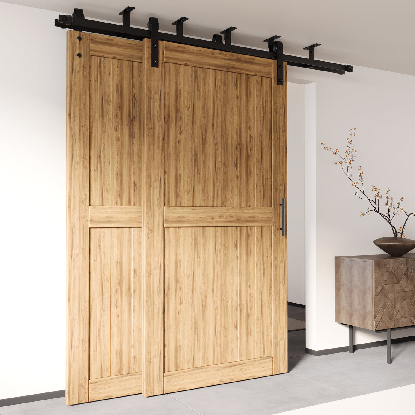 Ceiling Mount Double Track Bypass Barn Door Hardware – Rustic Black