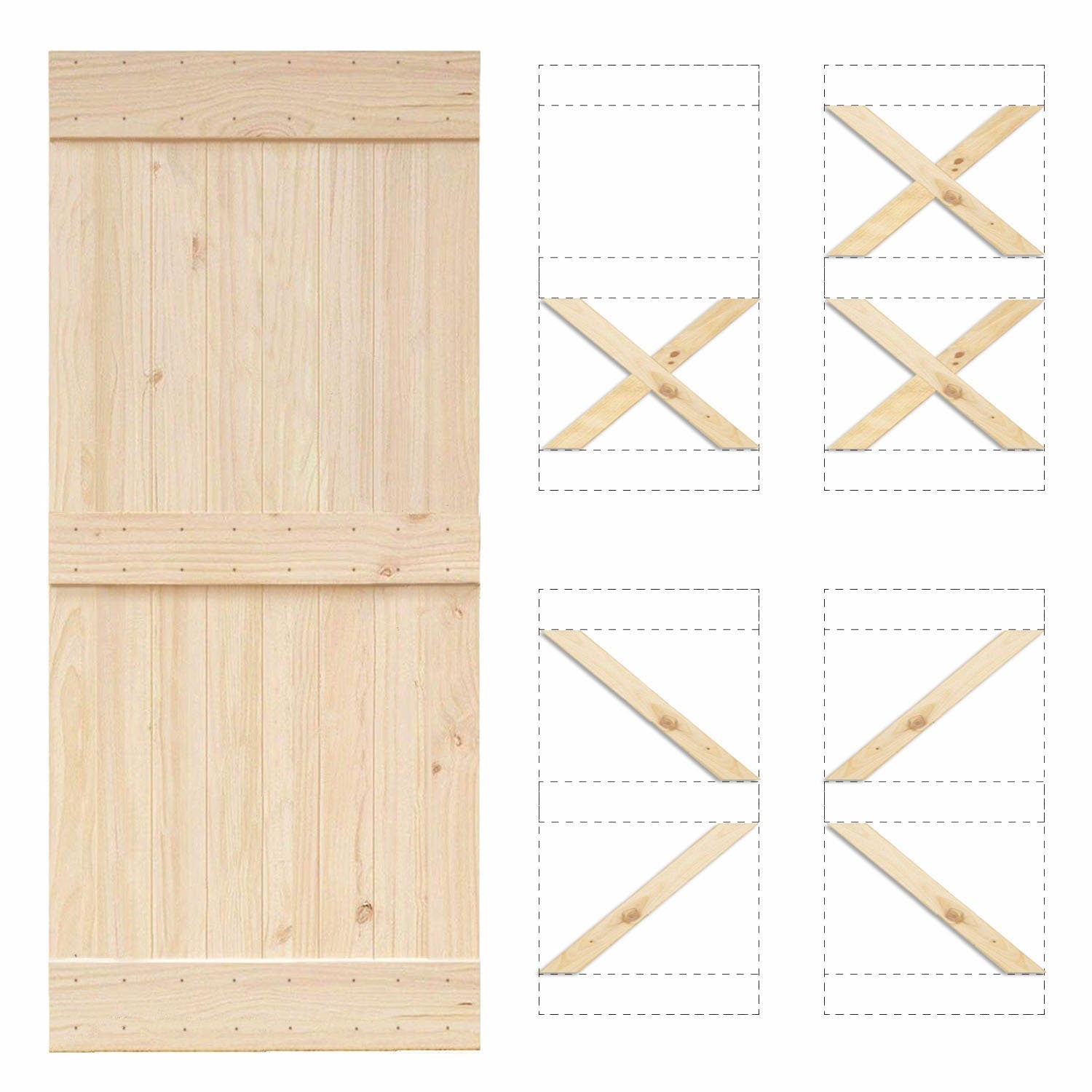 Homacer 5-in-1 Pine Wood Frameless Barn Door without Installation Hard